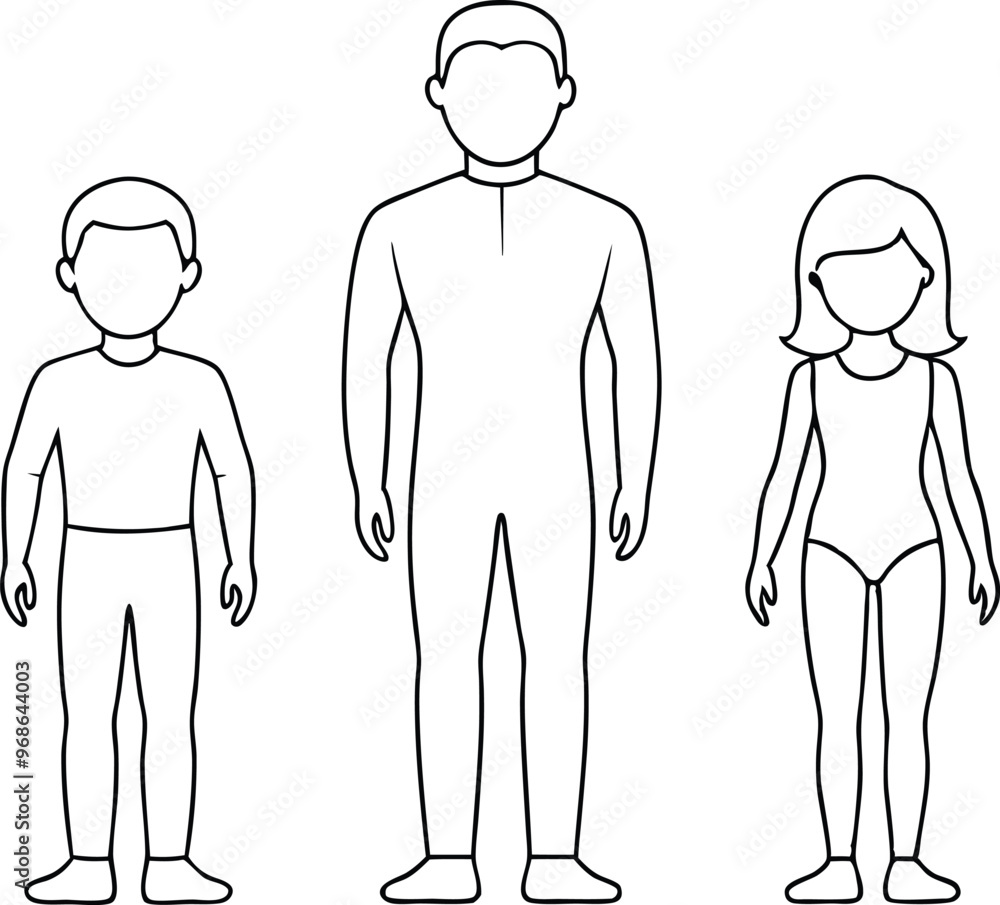 Adult man, woman and child body chart, front view. Blank human body ...