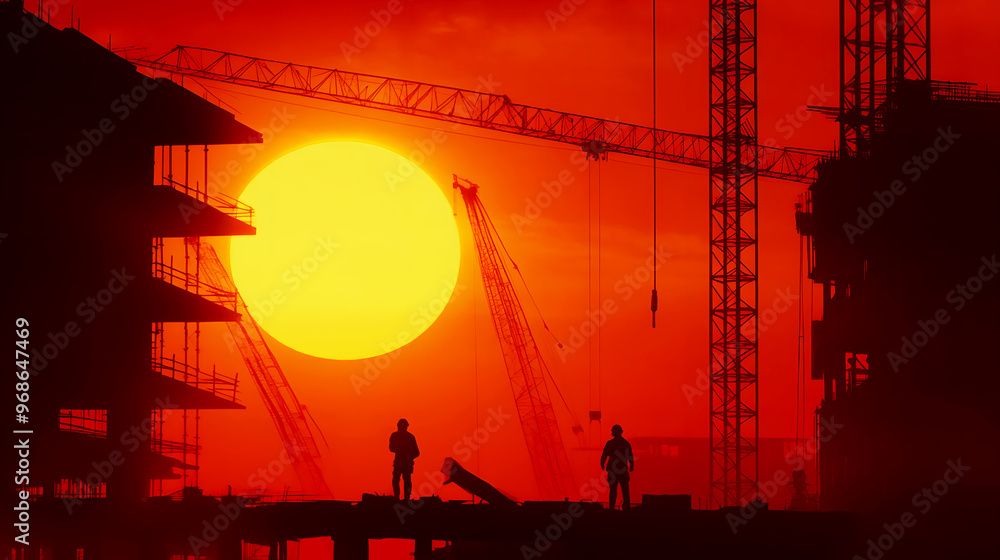 Against the backdrop of a fiery sunrise, construction workers and ...