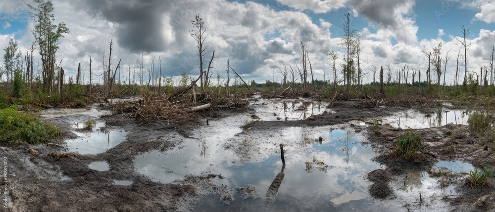 Devastated ecosystem from acid mine drainage showing damaged plants and ...