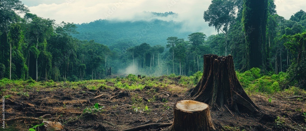 Devastated rainforest with large sections of trees cut down and exposed stumps, illustrating the ...
