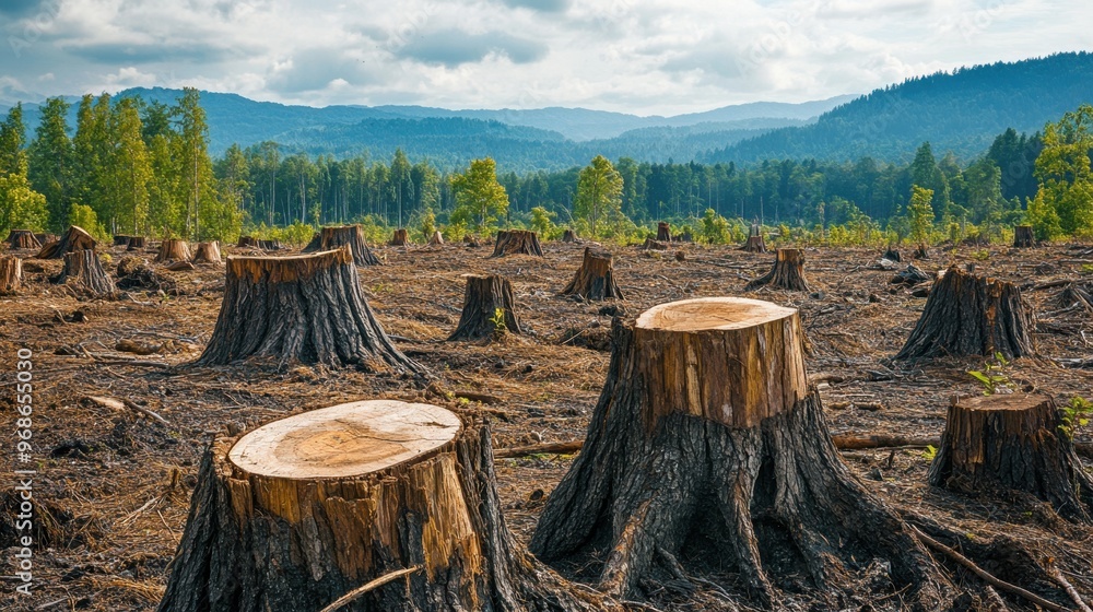 Forest area with tree stumps and cleared ground from deforestation ...