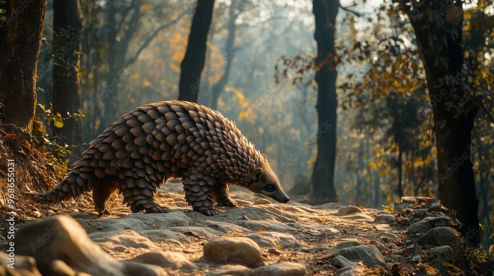 A pangolin walks along a rocky path in a sunlit forest, showcasing its ...