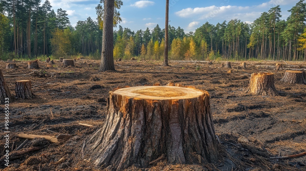 Forest area with tree stumps and cleared ground from deforestation ...