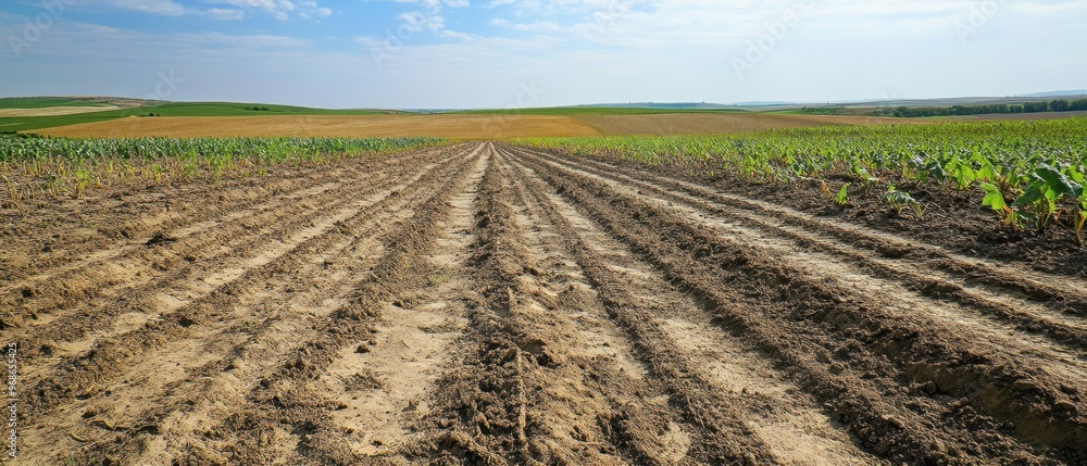 Deteriorated agricultural field with erosion scars and low crop yield ...