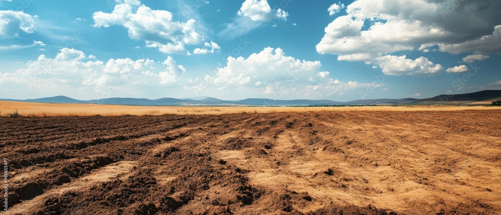 Landscape of a neglected field with soil erosion and sparse vegetation ...