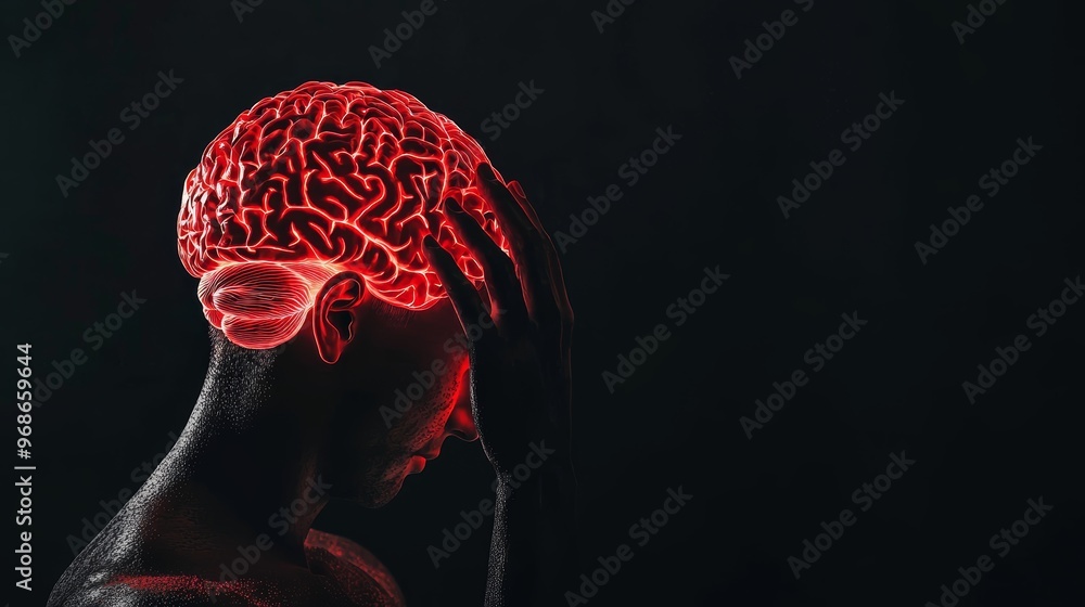 Human head in side profile with glowing red brain and a hand holding ...