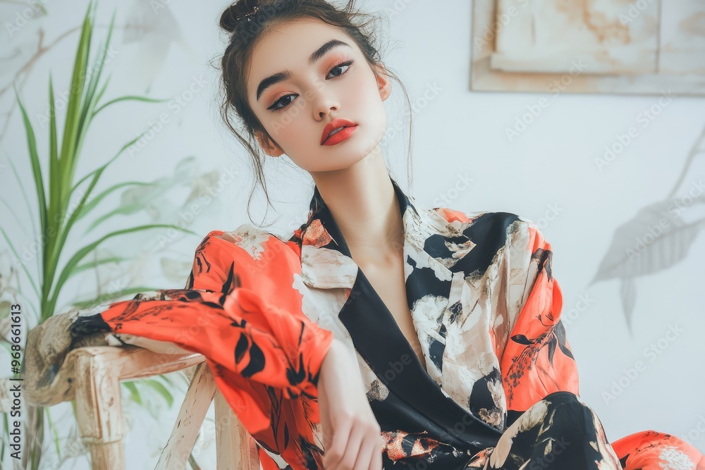 Fashion model showcasing a new collection in a bright studio, striking ...