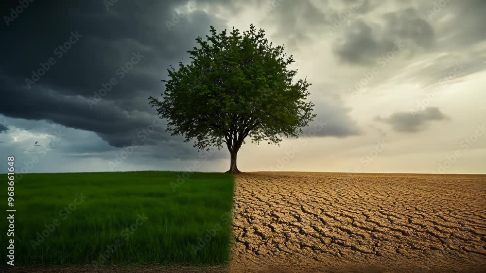Climate change concept. contrast of green to dry and barren. a tree ...