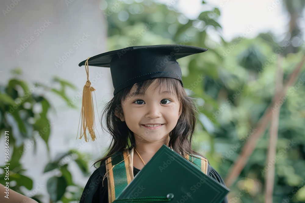 Thai cute baby girls receive her graduation hat with graduation day ...