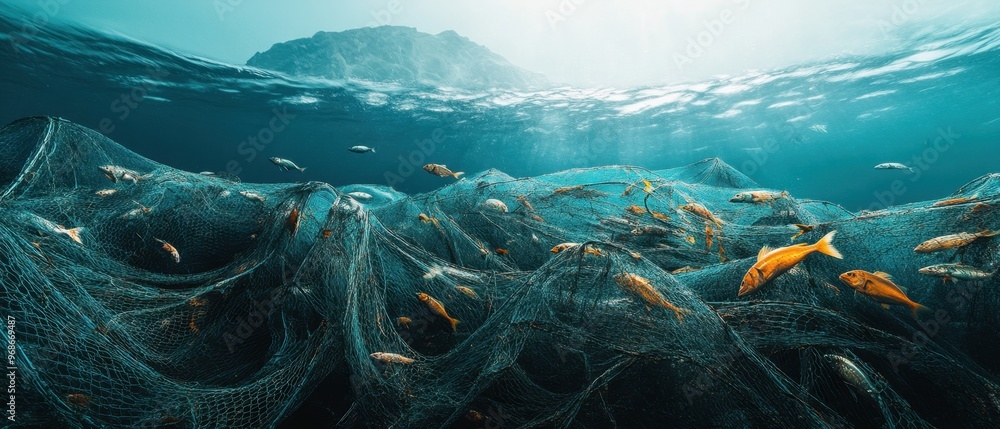 Overfishing crisis illustrated with empty fish nets and depleted waters ...