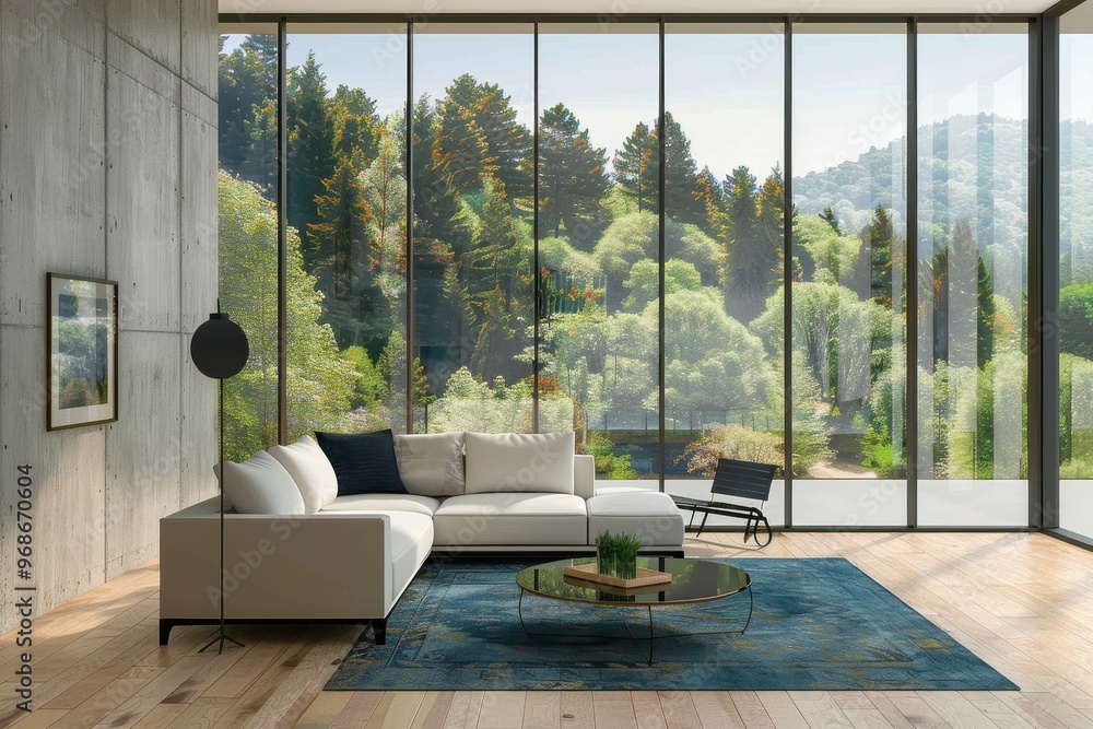Modern living room with forest view Vertical view of living room on ...