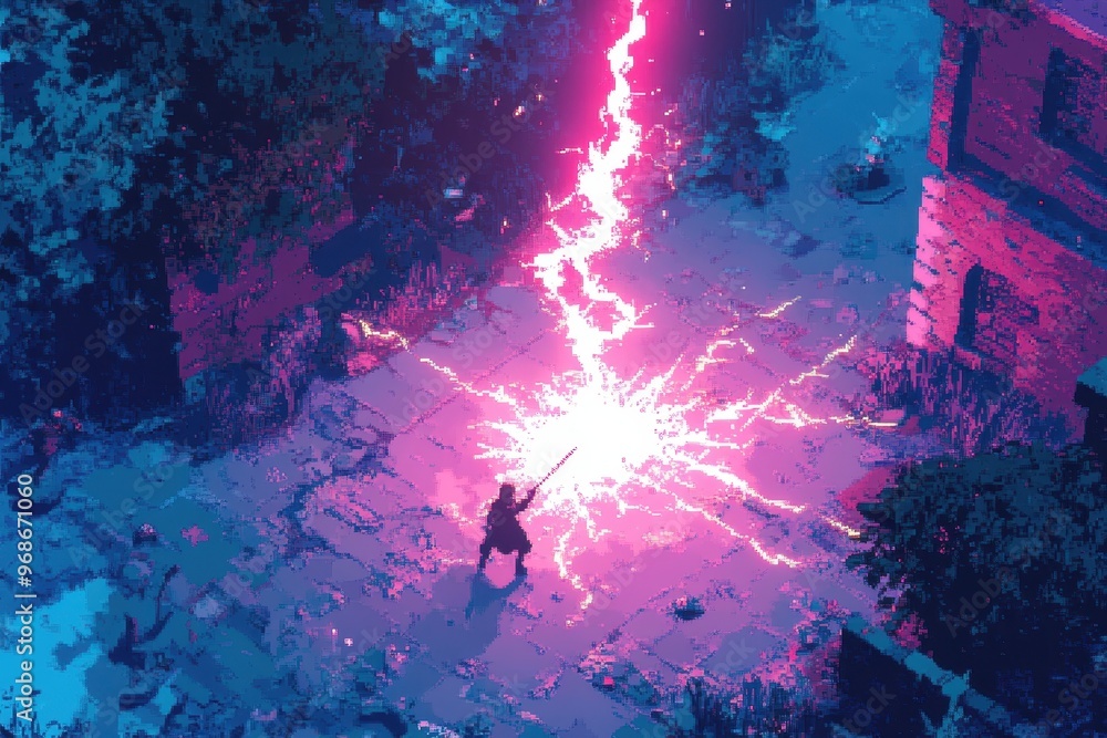 Digital Sorcerer's Thunder Strike - Retro Pixel Art Wizard Summoning ...