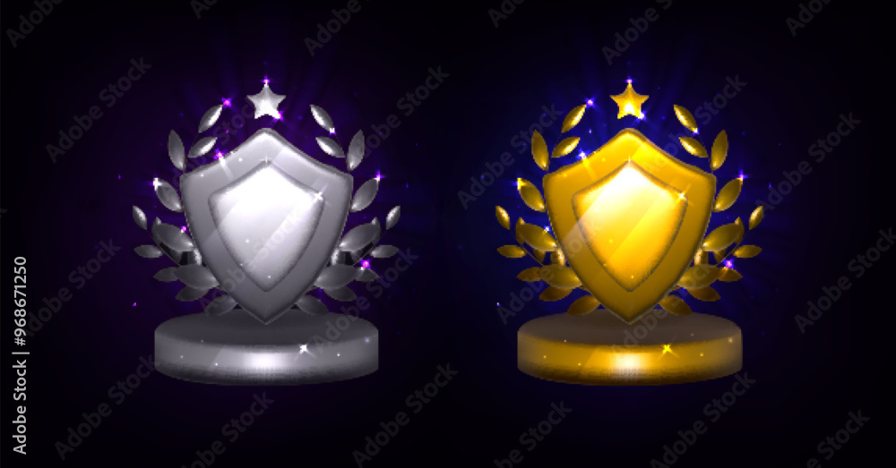 Gold laurel award wreath icon. Winner shield medal with leaf. Champion ...