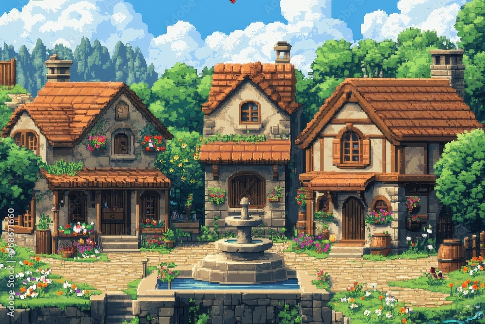 Nostalgic 16-Bit Pixel Art RPG Village Scene with NPCs, Fountain, and ...