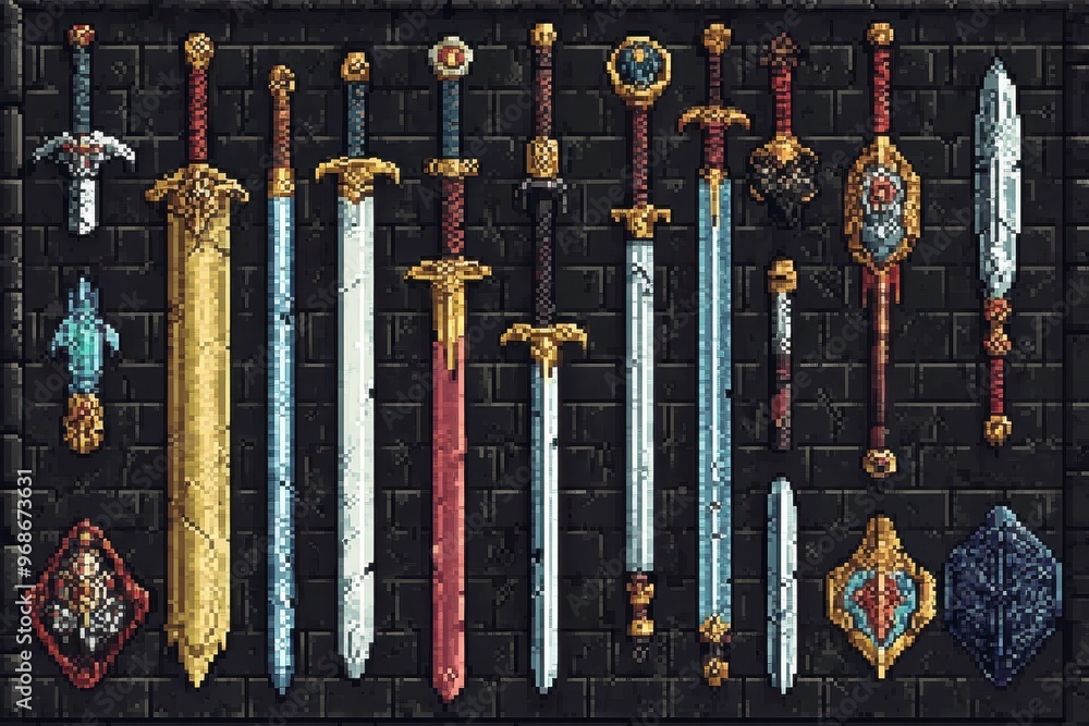 Retro Pixel Inventory Screen Featuring Swords, Shields, and Spells for ...