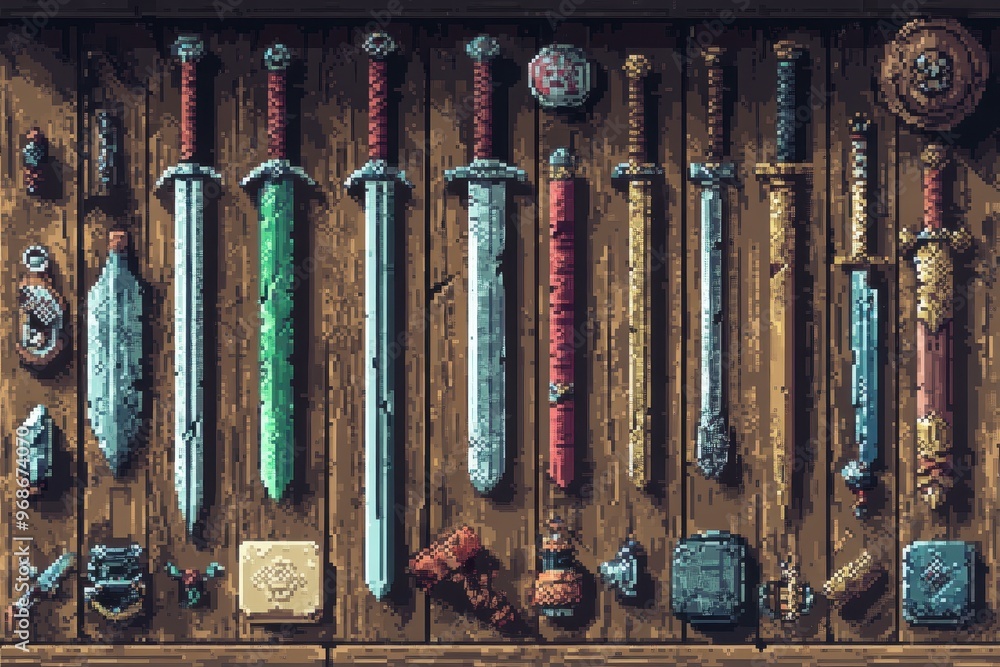 8-Bit Pixel Inventory Screen with Swords, Shields, and Potions for ...