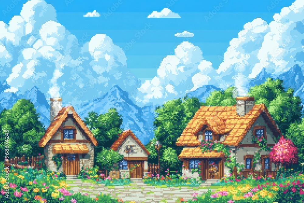 Pixelated Retro Village Life: 8-Bit RPG Overworld with NPCs Trading ...