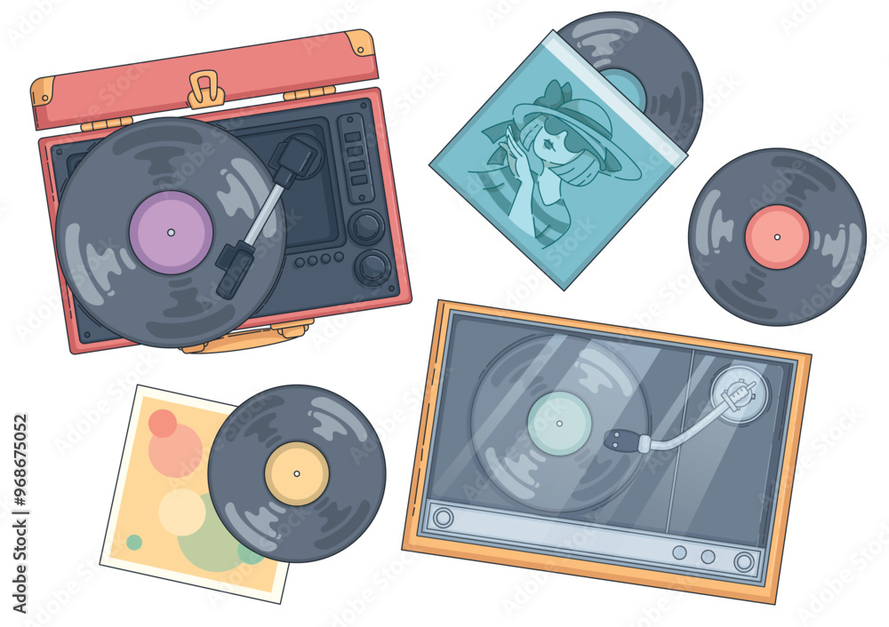 Vinyl record player with old disc plate in cardboard package. Cartoon ...