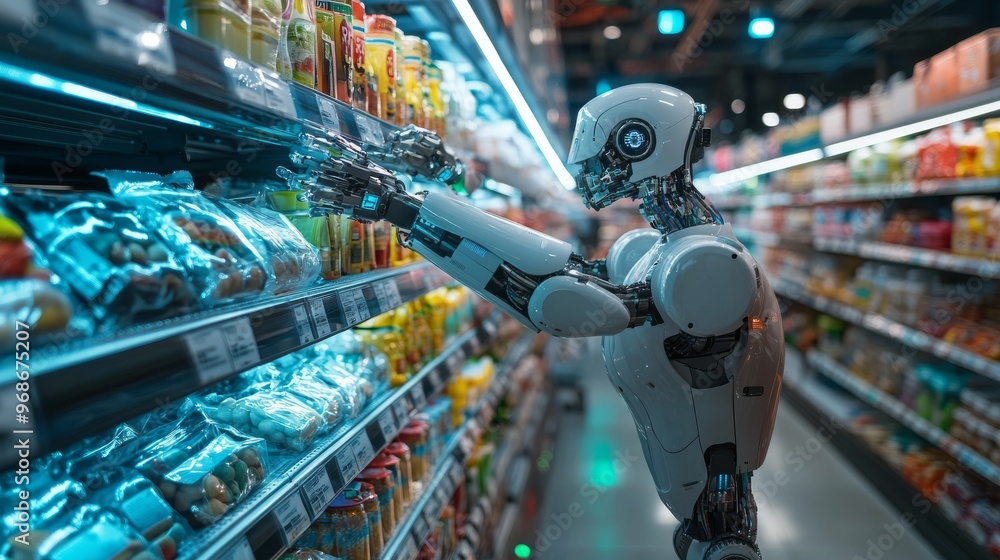 AI-operated futuristic grocery store with automated systems: Robotic ...