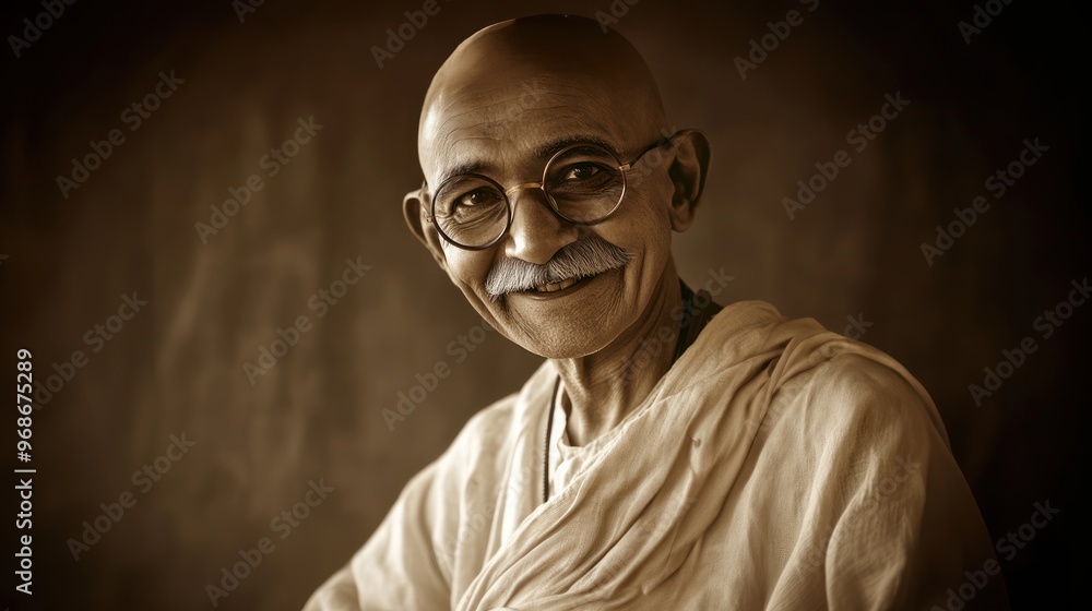 Mahatma Gandhi smiling with glasses on wearing traditional Indian ...