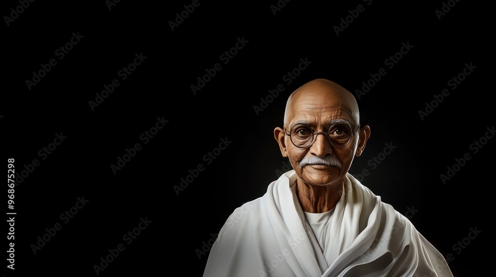 Mahatma Gandhi in white attire against a black background, symbolizing ...