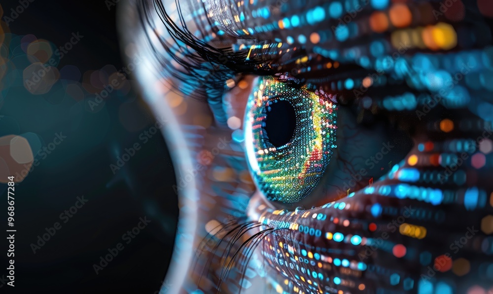 3D Wireframe Digital Illustration of Human Eye in Glowing Neon Style ...