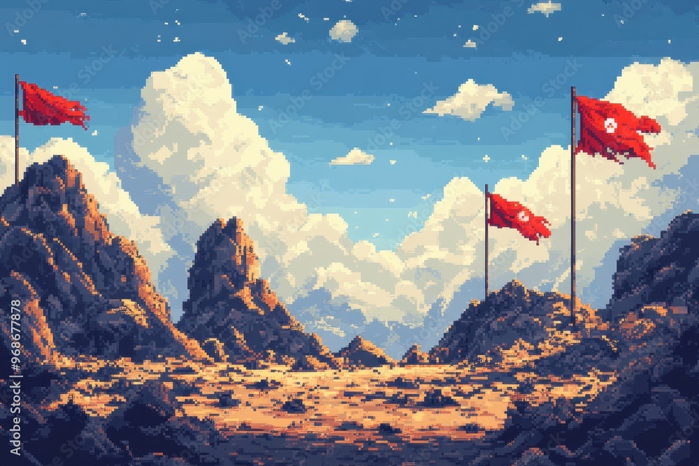 Pixelated RPG War Zone: Retro Battlefield with Craters, Flags, and 16 ...