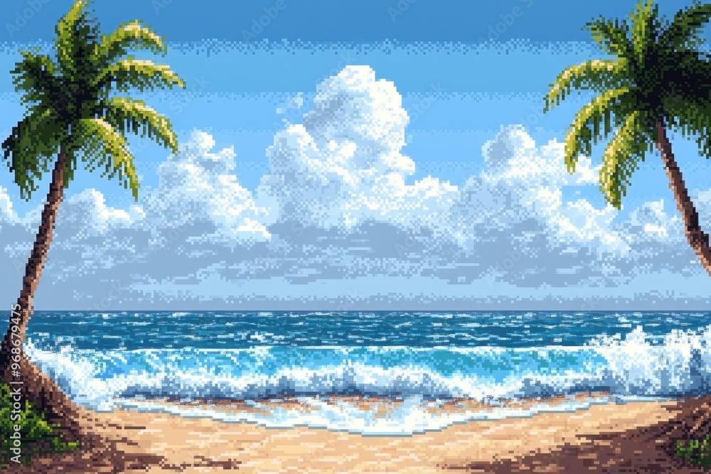 Retro RPG Pixel Beachscape with 8-bit Waves and Sand - Vintage Seaside ...