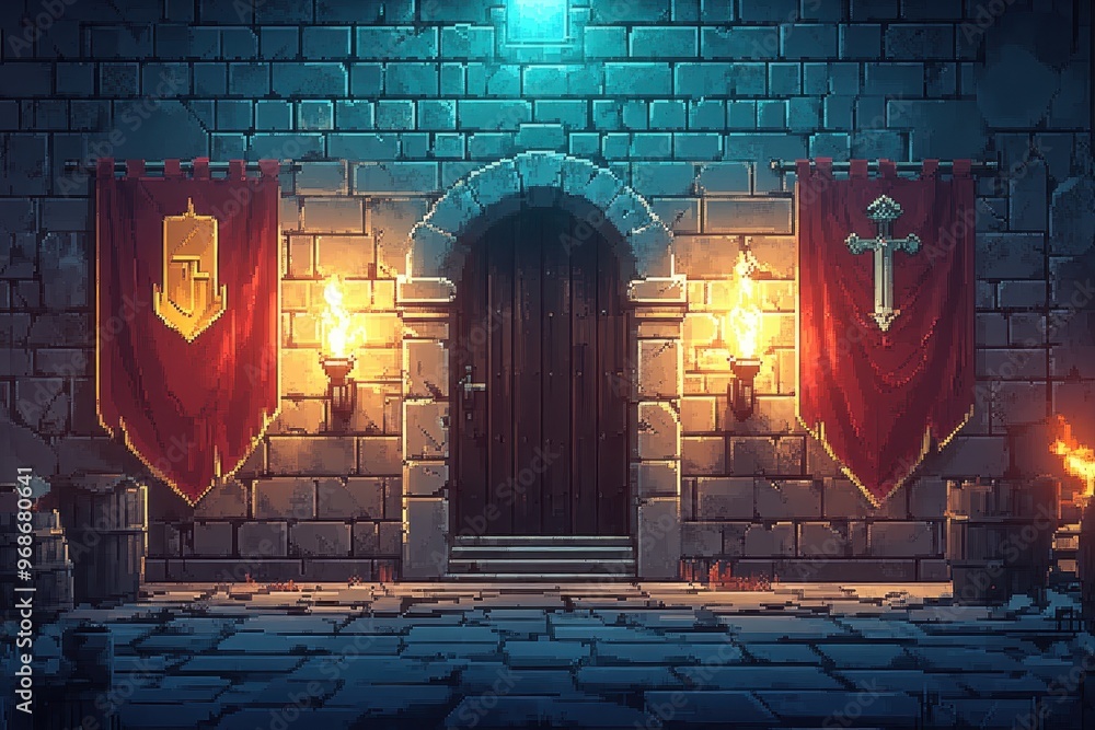 Retro 8-Bit Pixel Castle Interior with Royal Banners and Pixelated ...