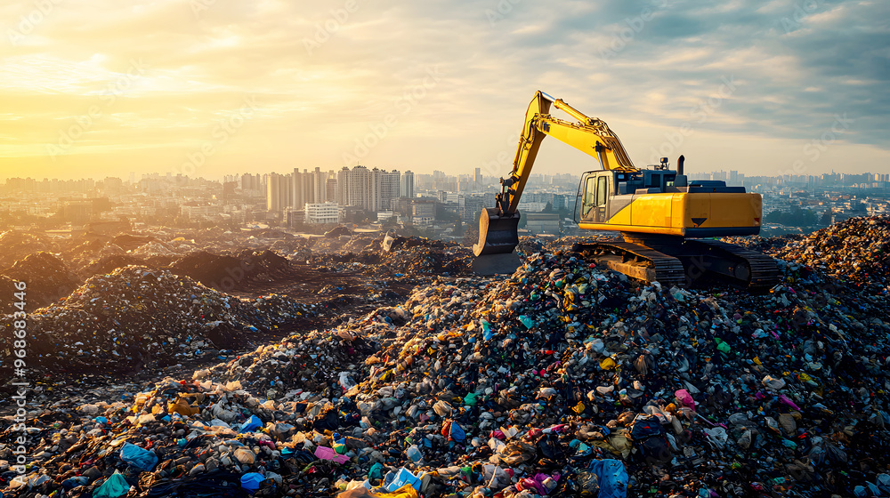 city landfill with an excavator sorting through trash, the towering ...