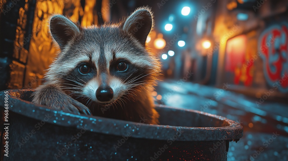 Curious Raccoon Peeking Out of a Trash Can in an Urban Alley at Night ...
