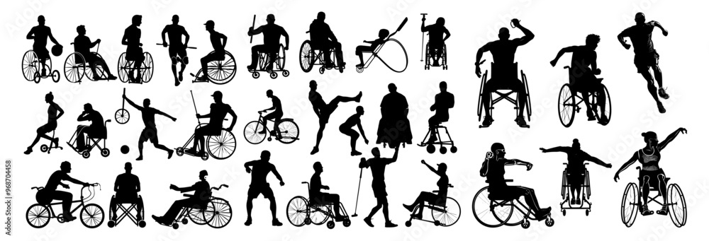 Vector drawing of athlete on a wheelchair collection, silhouette of ...