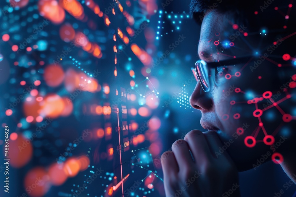 Focused individual analyzing digital data, immersed in technology ...