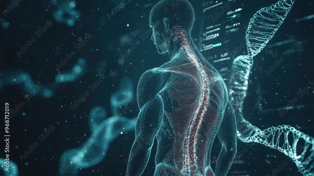 Abstract digital anatomy of the human body, featuring muscle and DNA ...
