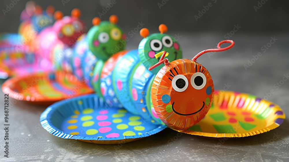 A close-up of a DIY paper plate caterpillar craft, featuring a series ...