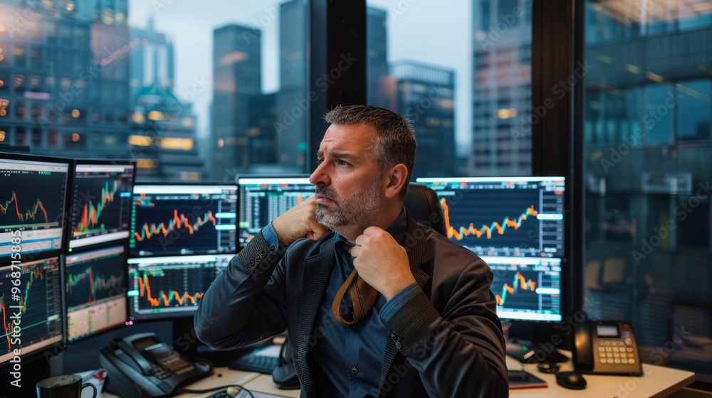 Frustrated businessman sitting at his desk, pulling at his tie while ...