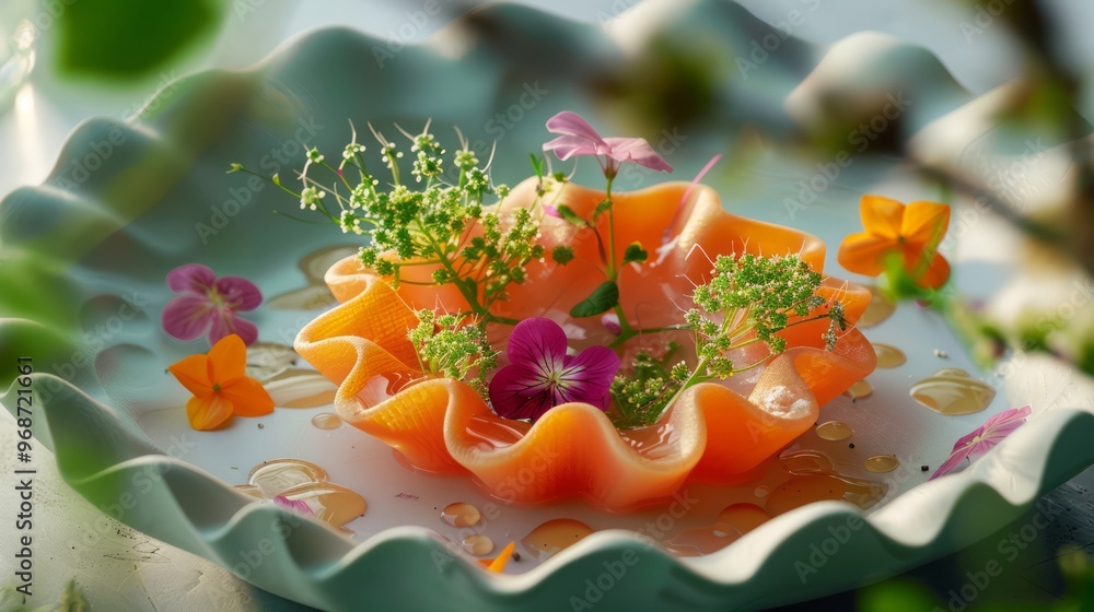 3D printed food, a futuristic meal with 3D printed elements, showcasing ...