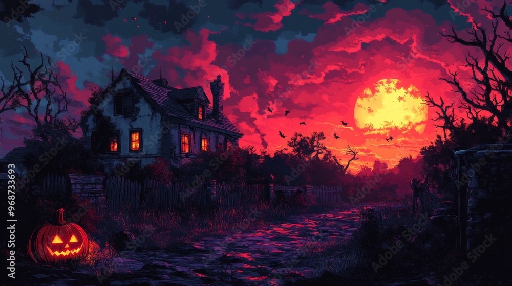 Spooky Halloween Night Scene with a Large Pumpkin in Front of a White ...