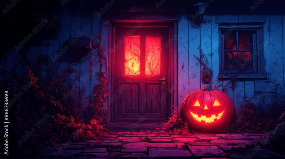 Spooky Halloween Night Scene with a Large Pumpkin in Front of a White ...