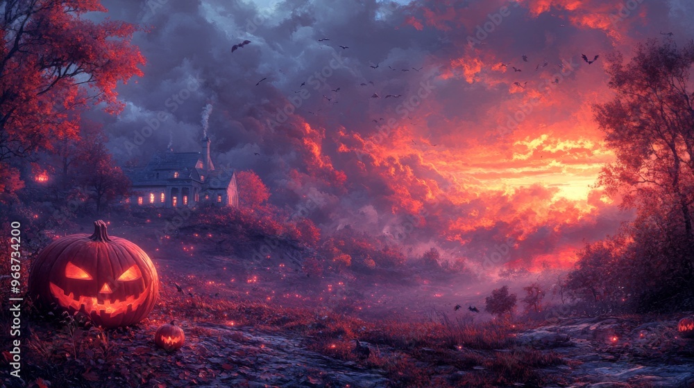 Spooky Halloween Night Scene with a Large Pumpkin in Front of a White ...