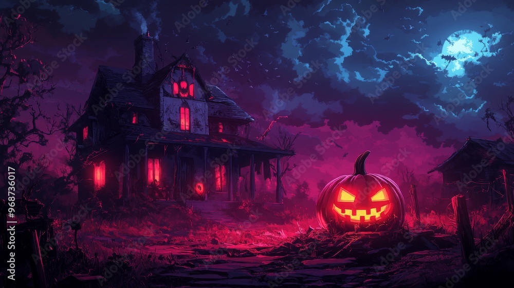 Spooky Halloween Night Scene with a Large Pumpkin in Front of a White ...