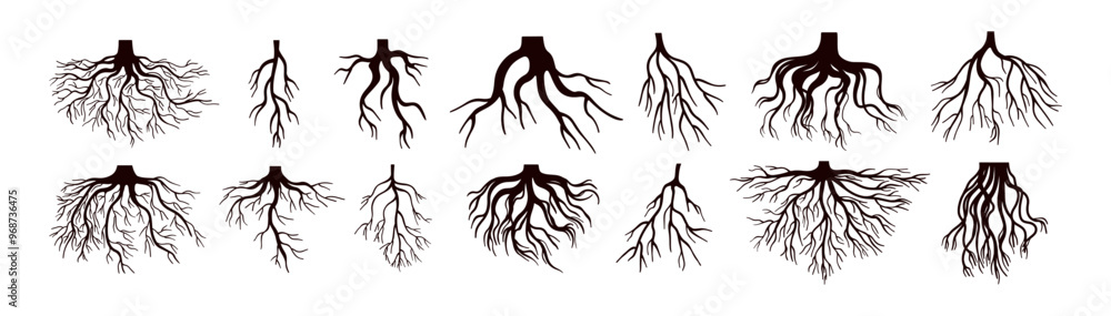 Tree roots silhouettes set. Wood growth, plant system, eco pattern ...
