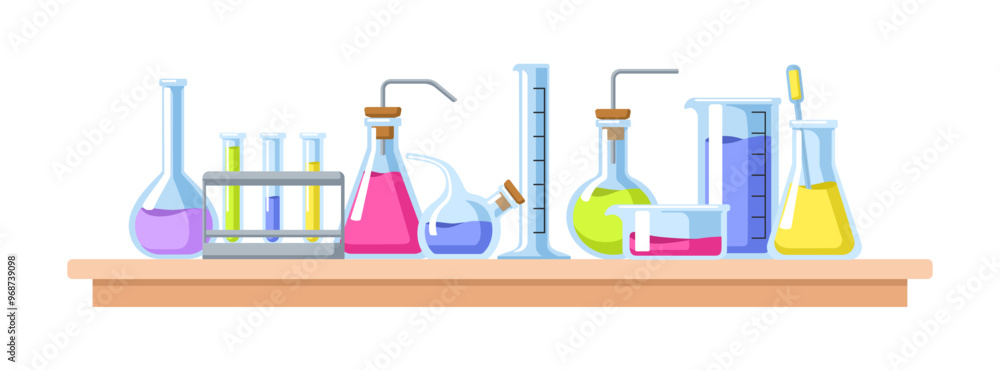 Lab glassware on table. Laboratory flasks, test tubes, glass beakers ...