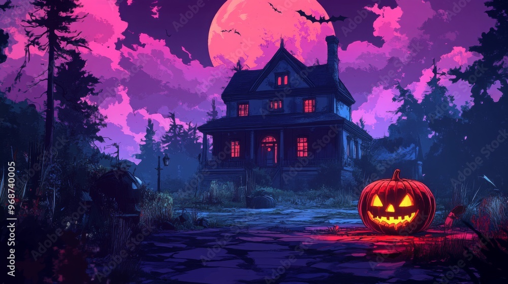 Spooky Halloween Night Scene with a Large Pumpkin in Front of a White ...