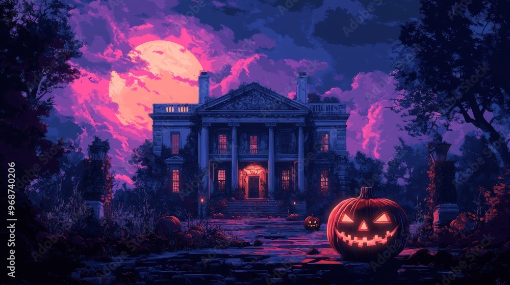 Spooky Halloween Night Scene with a Large Pumpkin in Front of a White ...