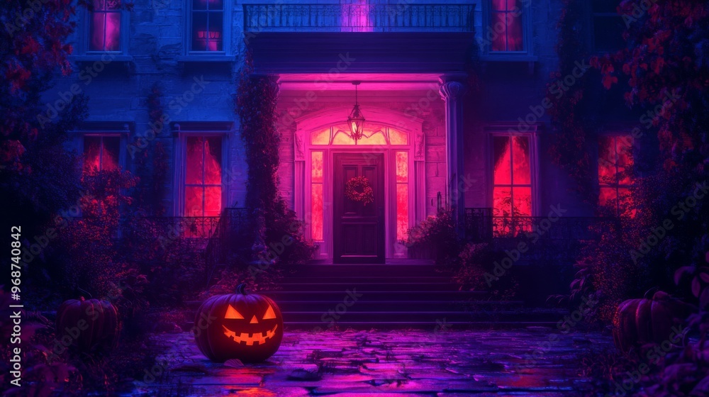 Spooky Halloween Night Scene with a Large Pumpkin in Front of a White ...