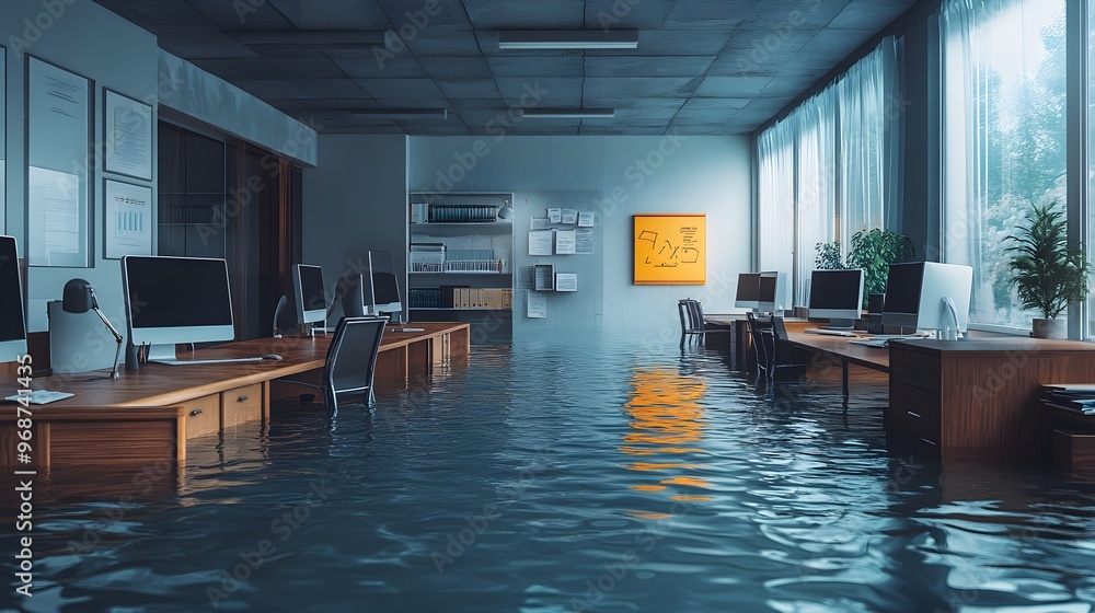 Waterlogged office interior, computers and files submerged, rippling ...