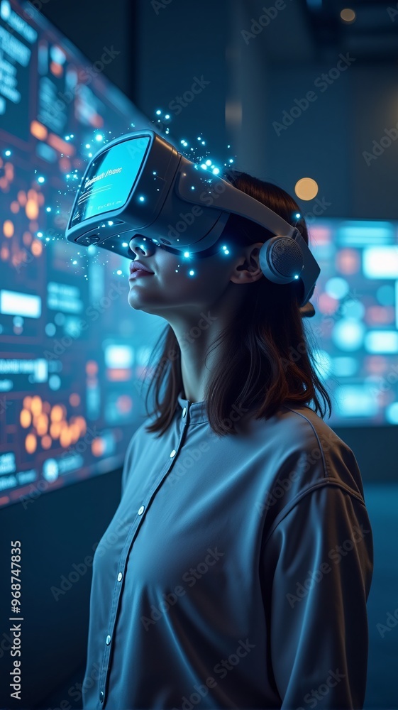 User immersed in augmented reality environment wearing a VR headset ...