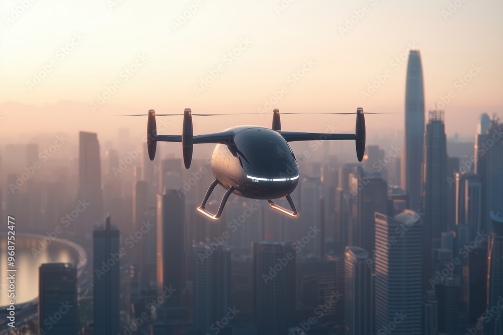An eVTOL aircraft flying over a futuristic city skyline at sunrise ...