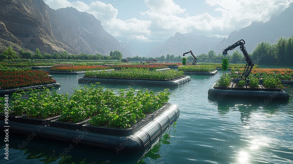 Photorealistic image of a hightech floating farm with crops growing on ...